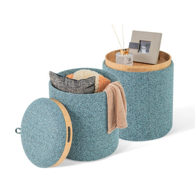 COSTWAY Round Ottoman Set of 2 Upholstered Footstool with Reversible Tray