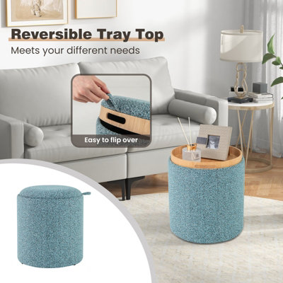 COSTWAY Round Ottoman Set of 2 Upholstered Footstool with Reversible Tray