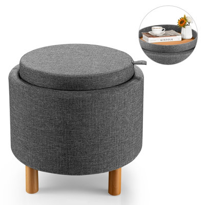 Costway Round Storage Ottoman w/ Tray Accent Fabric Storing Footrest w ...