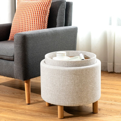 Costway Round Storage Ottoman w Tray Top Accent Padded Footrest w Wood Legs