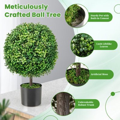 Costway Set of 2 Artificial Ball Tree Faux Potted Bushes with Natural ...