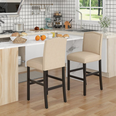 Costway Set of 2 Bar Stools Wooden Counter Height Chair Upholstered W ...