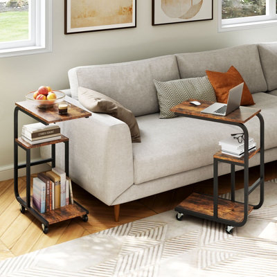 Costway Set of 2 C-shaped Side Table Mobile Sofa Table w/ Shelves-Brown
