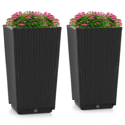 Costway Set of 2 Rattan Flower Pot 57cm Tall Square Planters W/Self ...