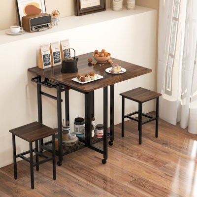Costway Set of 3 Dining Table Set Extendable Kitchen Table 2 Stools w ...