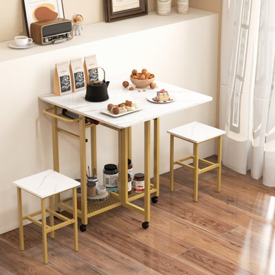 Costway Set of 3 Dining Table Set Extendable Kitchen Table 2 Stools w ...