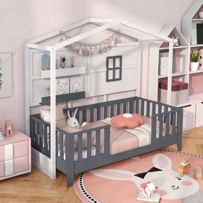 COSTWAY Single Kids Wood House Bed with 2 Shelves and Guardrails