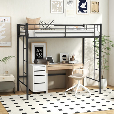 COSTWAY Single Loft Bed Metal Bed Frame w/ Guardrail & 2 Ladders-Black