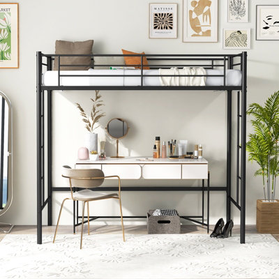 COSTWAY Single Loft Bed Metal Bed Frame w/ Guardrail & 2 Ladders-Black
