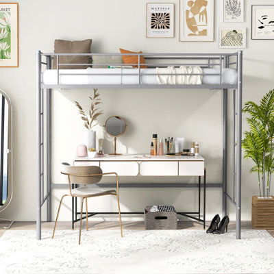 COSTWAY SINGLE LOFT BED METAL BED FRAME W/ GUARDRAIL & 2 LADDERS-SILVER