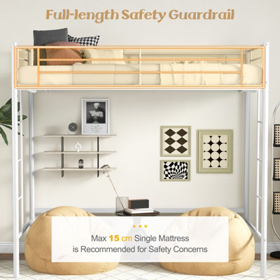 COSTWAY Single Loft Bed Metal Bed Frame w/ Guardrail & 2 Ladders-White