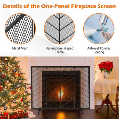 Costway Single Panel Fireplace Screen Solid Wrought Iron Mesh Fire ...