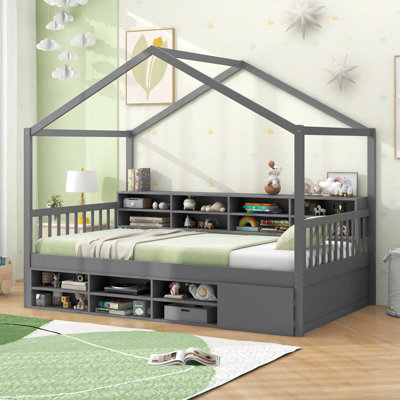 COSTWAY Single Size House Bed with Roof Wooden Kids Platform Bed Frame ...