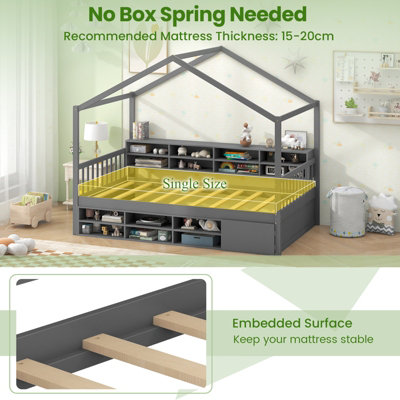 COSTWAY Single Size House Bed with Roof Wooden Kids Platform Bed Frame ...
