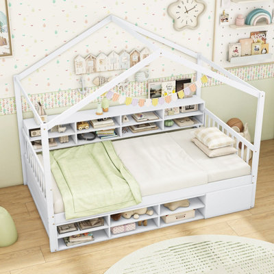 COSTWAY Single Size House Bed with Roof Wooden Kids Platform Bed Frame with 14 Storage Cubes White