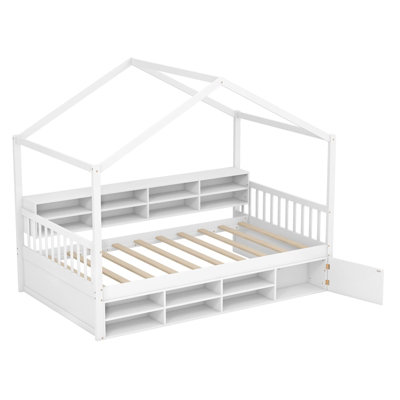 COSTWAY Single Size House Bed with Roof Wooden Kids Platform Bed Frame ...