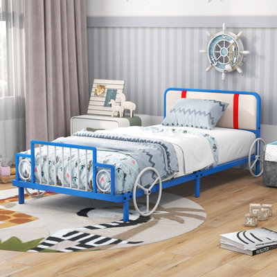 Costway Single Size Kids Bed Frame Car Shaped Platform Metal Bed Base w Upholstered Headboard
