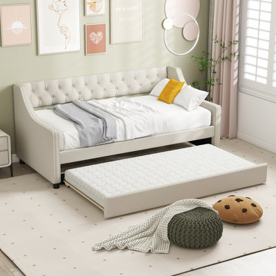 Costway Single Size Trundle Bed Linen Upholstered Daybed w Trundle Sofa Bed Frame