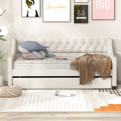 Costway Single Size Trundle Bed Linen Upholstered Daybed w Trundle Sofa Bed Frame