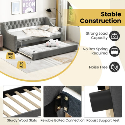 Costway Single Size Trundle Bed Linen Upholstered Daybed w Trundle Sofa Bed Frame