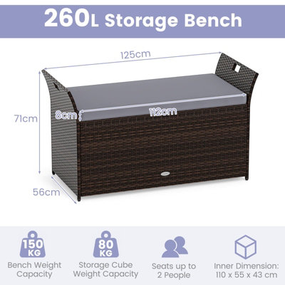 COSTWAY Storage Bench Outdoor Bench with Hand-woven PE Rattan Wicker-Grey