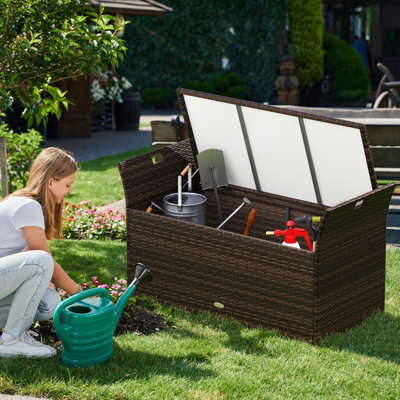 COSTWAY Storage Bench Outdoor Bench with Hand-woven PE Rattan Wicker-Grey