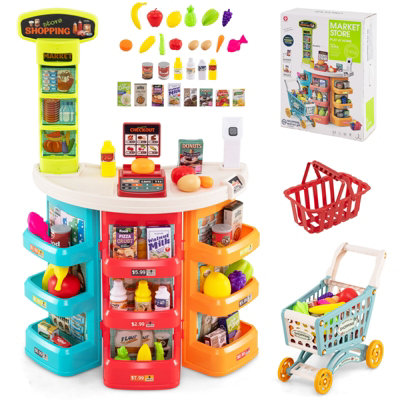 COSTWAY Supermarket Playset Kids 76 PCS Pretend Play Grocery Store Set-Blue