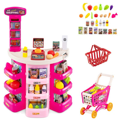 COSTWAY Supermarket Playset Kids 76 PCS Pretend Play Grocery Store Set-Pink