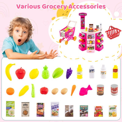 COSTWAY Supermarket Playset Kids 76 PCS Pretend Play Grocery Store Set-Pink