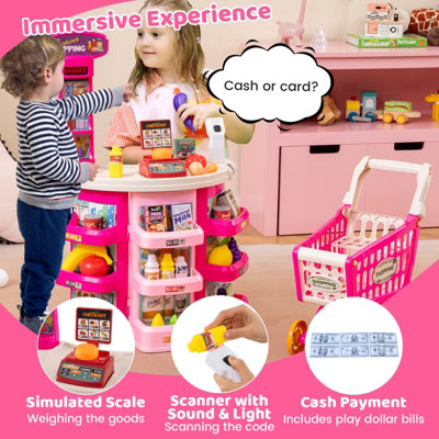 COSTWAY Supermarket Playset Kids 76 PCS Pretend Play Grocery Store Set-Pink
