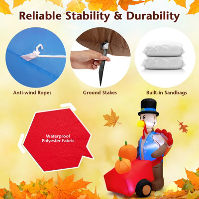 Costway Thanksgiving Inflatable Turkey Pushing Pumpkin Cart w/ LED ...