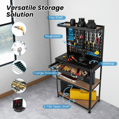 Costway Tool Storage Workbench w/ Pegboard Tool Organization Work Table ...