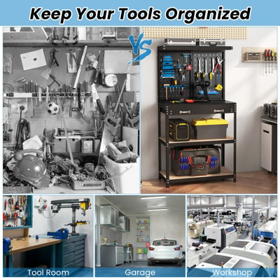 Costway Tool Storage Workbench w/ Pegboard Tool Organization Work Table ...