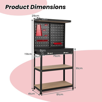 Costway Tool Storage Workbench w/ Pegboard Tool Organization Work Table ...