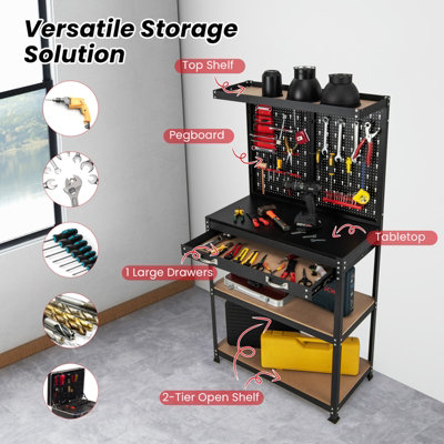 Costway Tool Storage Workbench w/ Pegboard Tool Organization Work Table ...