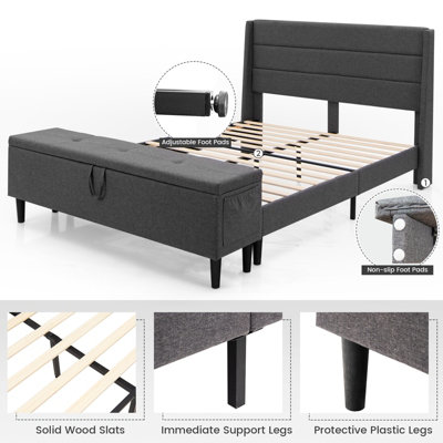 Costway Upholstered Bed Frame Platform Bed Frame w/ Ottoman Bench ...