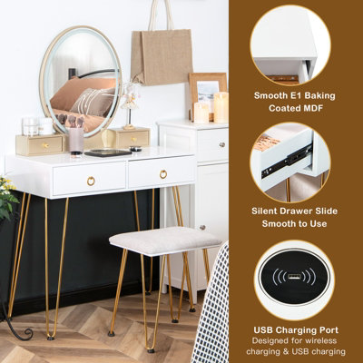 Costway Vanity Dressing Table Set Cushioned Stool with 3-Color Lighted ...
