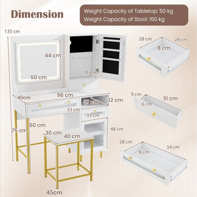 COSTWAY Vanity Set Dressing Table & Chair Set w/ 3 Lighting Modes & Cabinet