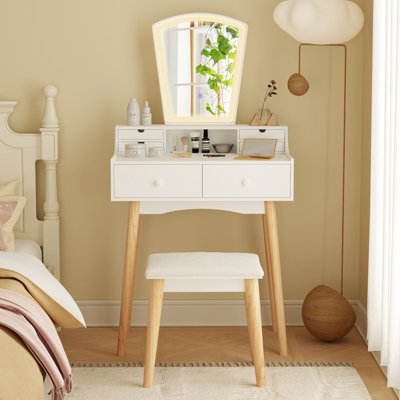COSTWAY Vanity Set w/ Mirror and Lights Modern Dressing Table and Chair Set