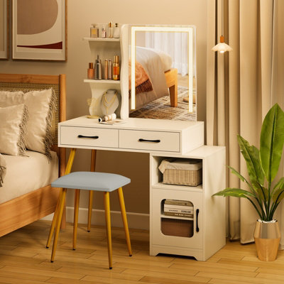 COSTWAY Vanity Set with Mirror & Lights Makeup Dressing Table with Stool