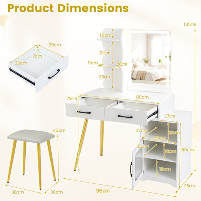 COSTWAY Vanity Set with Mirror & Lights Makeup Dressing Table with Stool