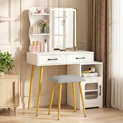 COSTWAY Vanity Set with Mirror & Lights Makeup Dressing Table with Stool