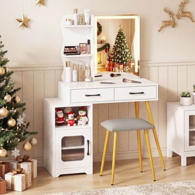 COSTWAY Vanity Set with Mirror & Lights Makeup Dressing Table with Stool