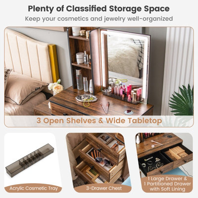 COSTWAY Vanity Table Set Modern Dressing Table w 3 Color Mirror Drawers Dresser Desk