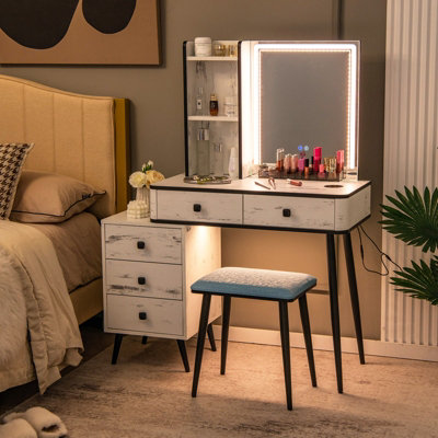 COSTWAY Vanity Table Set Modern Dressing Table w 3 Color Mirror Drawers Dresser Desk
