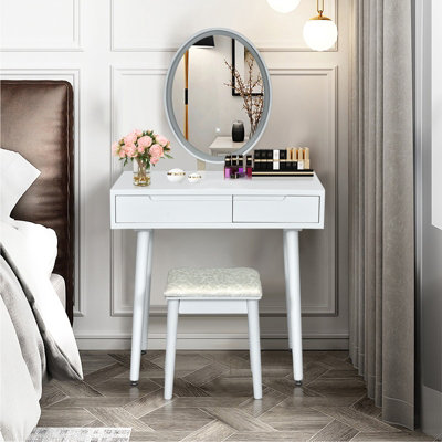Costway Vanity Table Set with Lighted Mirror & 3 Color Lighting Modes-White