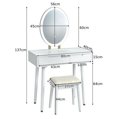 Costway Vanity Table Set with Lighted Mirror & 3 Color Lighting Modes-White