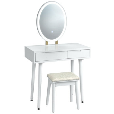 Costway Vanity Table Set with Lighted Mirror & 3 Color Lighting Modes-White