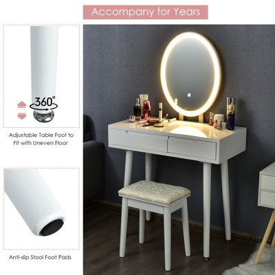 Costway Vanity Table Set with Lighted Mirror & 3 Color Lighting Modes-White