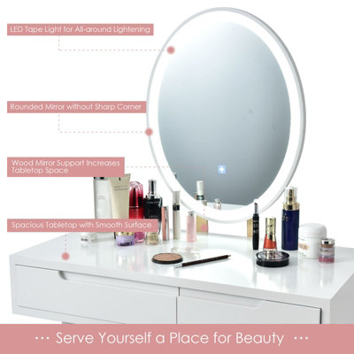 Costway Vanity Table Set with Lighted Mirror & 3 Color Lighting Modes-White